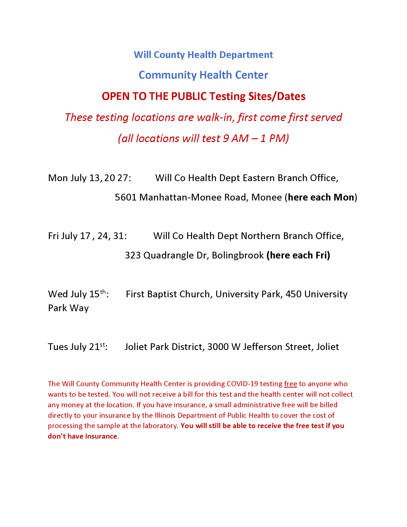 WCHC CHC Public Testing Sites thru end July with UP 7.13.20 | Will ...